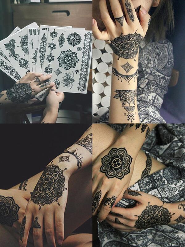 Black Lace Henna Style Temporary Tattoo Sticker Waterproof Long-lasting ...