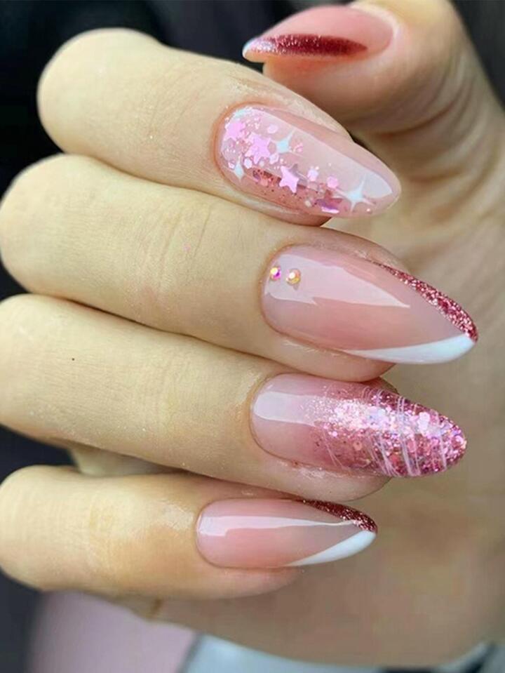 Pink Glitter Tips Nails