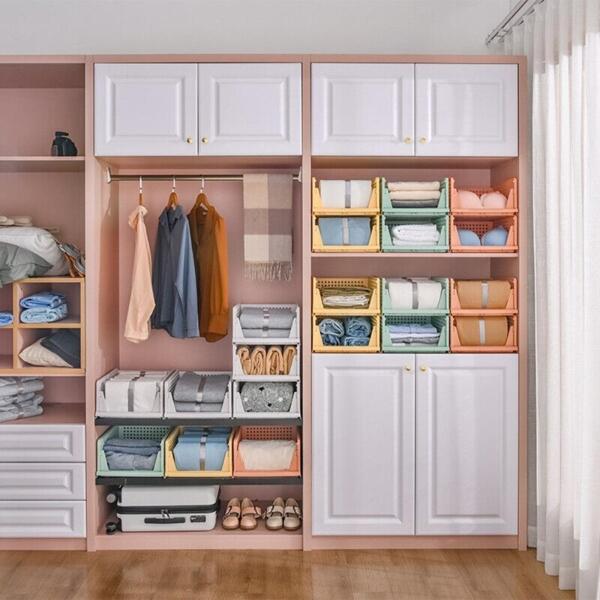 Folding Wardrobe Storage Box 4-Pack Plastic Drawer Organizer Stackable ...