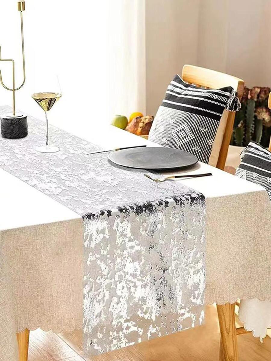 Silvery color Table Runner Sequin Glitter Foil Metallic Thin Mesh Table ...