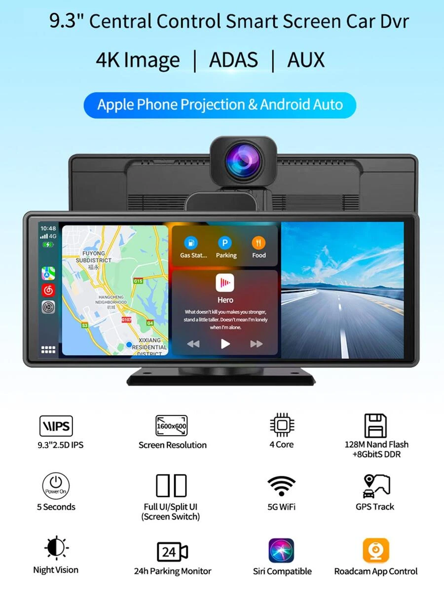 4K Wireless & Wired Android Auto Dash Cam With ADAS, GPS, AUX, 24h Parking Monitoring, Night ...