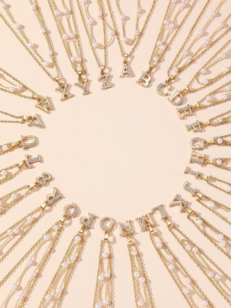 2pcs/Set Women's Delicate Layered Initials Necklace Imitation Faux ...