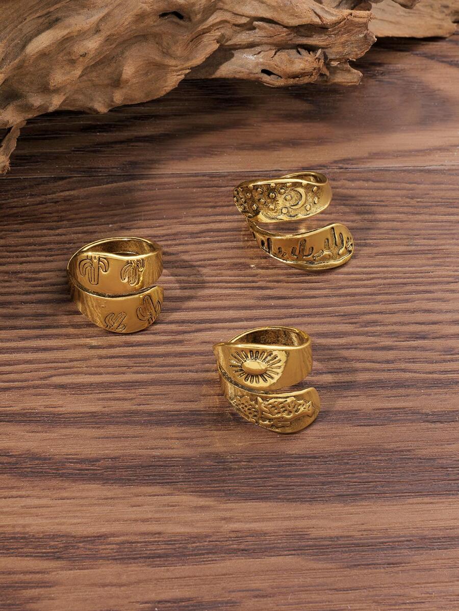 3pcs/set Antique Gold Tone Adjustable Size Alloy Vintage Cactus & Sun ...