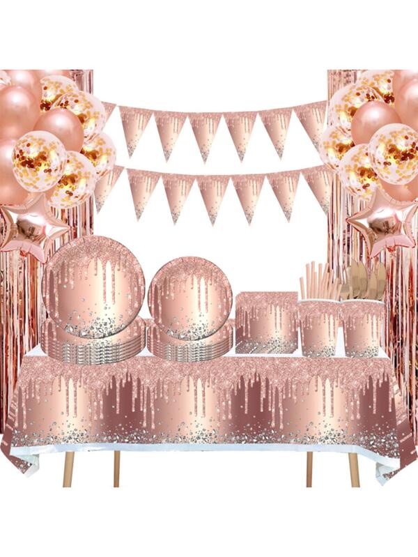 76pcs/set Pink Rose Gold Party Decorations Diamond Pattern Disposable ...
