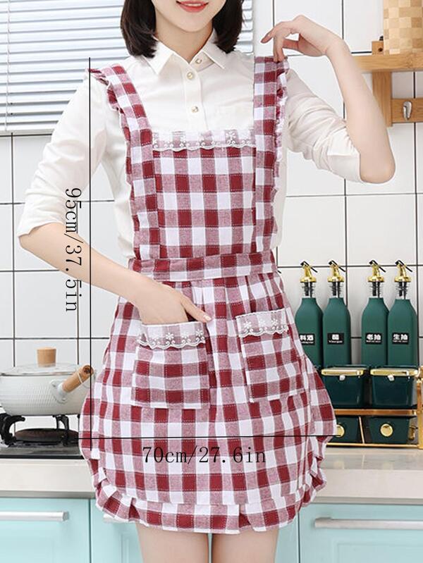 1pc Plaid Print Contrast Lace Ruffle Trim Apron, Modernist Polyester ...