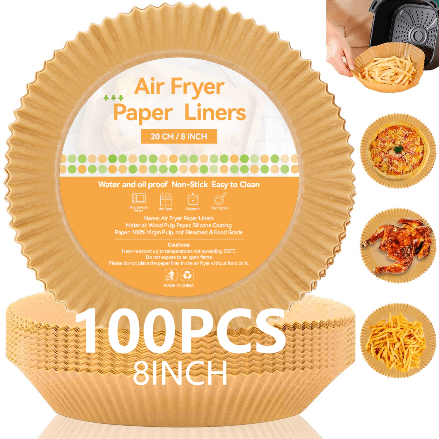 20CM (8inch) Round Air Fryer Paper Liners set, 100pcs Parchment Paper ...