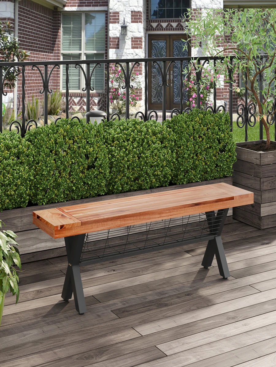 Outdoor Bench with Storage Basket, Outdoor Patio Acacia Wood Benches ...