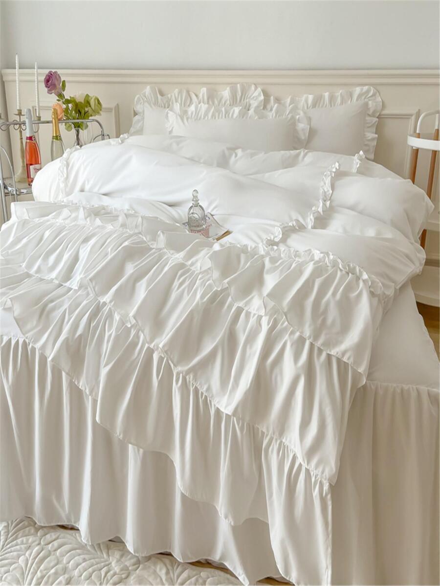 White Layered Skirt Design Duvet Cover And Pillowcase Bedding Set ...