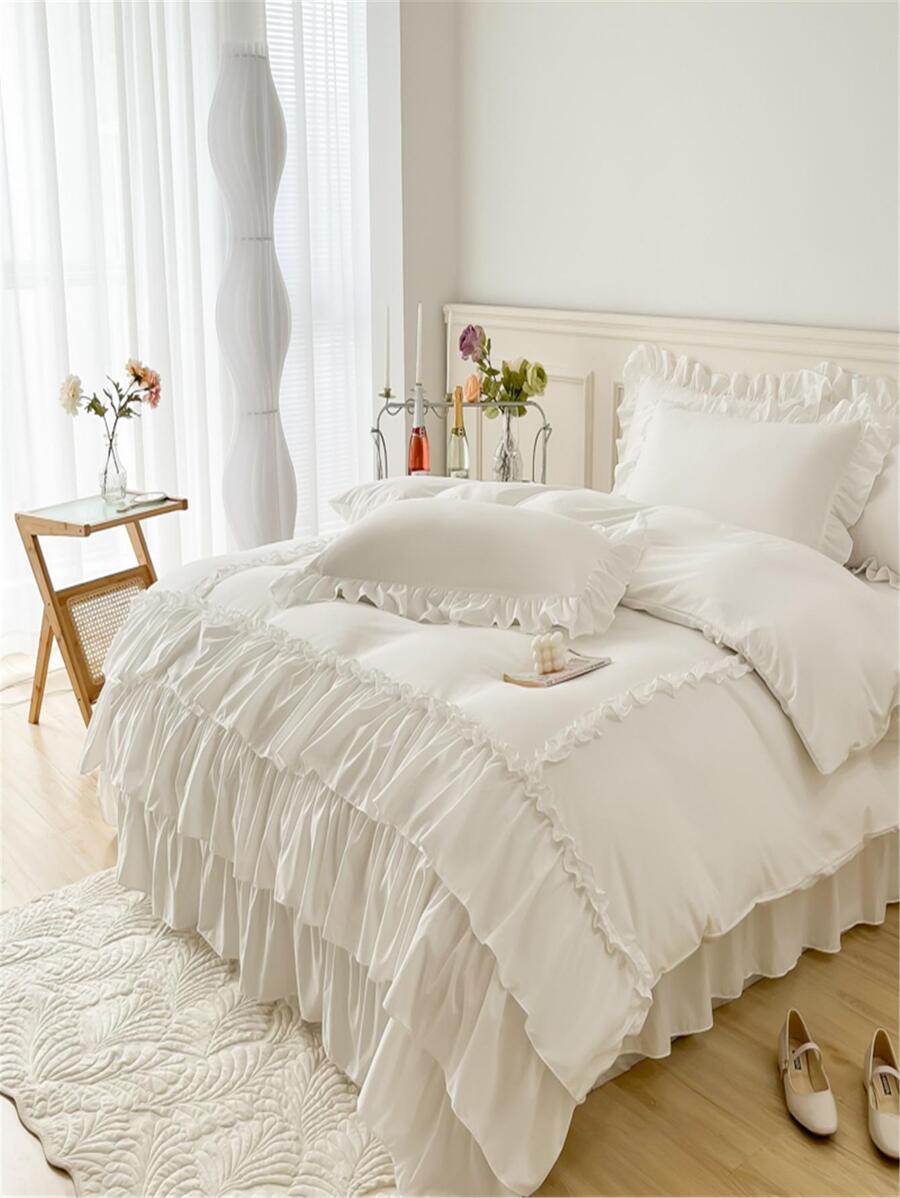 White Layered Skirt Design Duvet Cover And Pillowcase Bedding Set ...