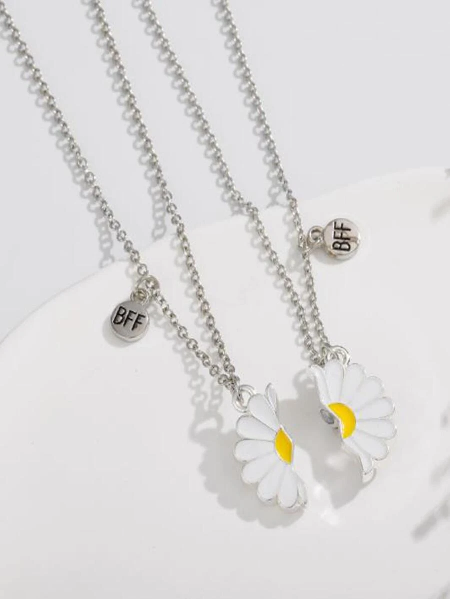 2pcs Flower Magnet Chain Necklace, Daisy Bff Necklace For Women Best ...