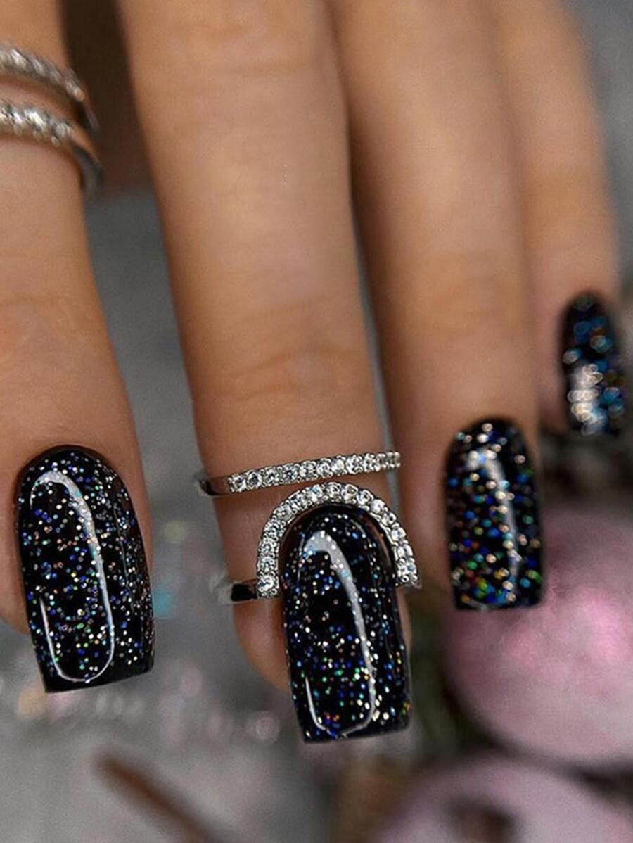 Upgrade Your Look With 24pcs Long Square Celestial Glitter Full Cover Fake Nail Kit Press On Gel ...