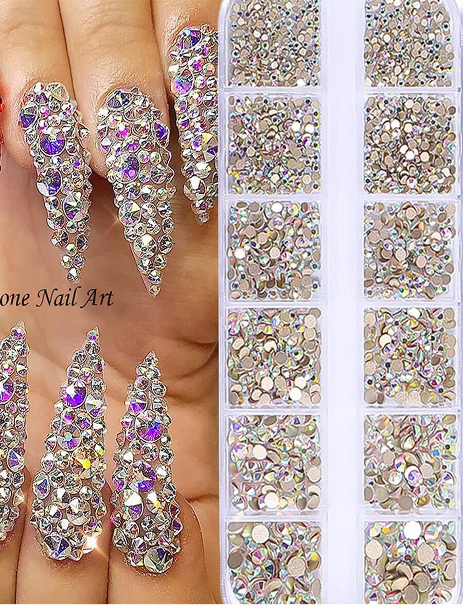 12 Grid Nail Rhinestones 1.5mm-5mm 3D Nail Art Glass Crystal AB + Clear ...
