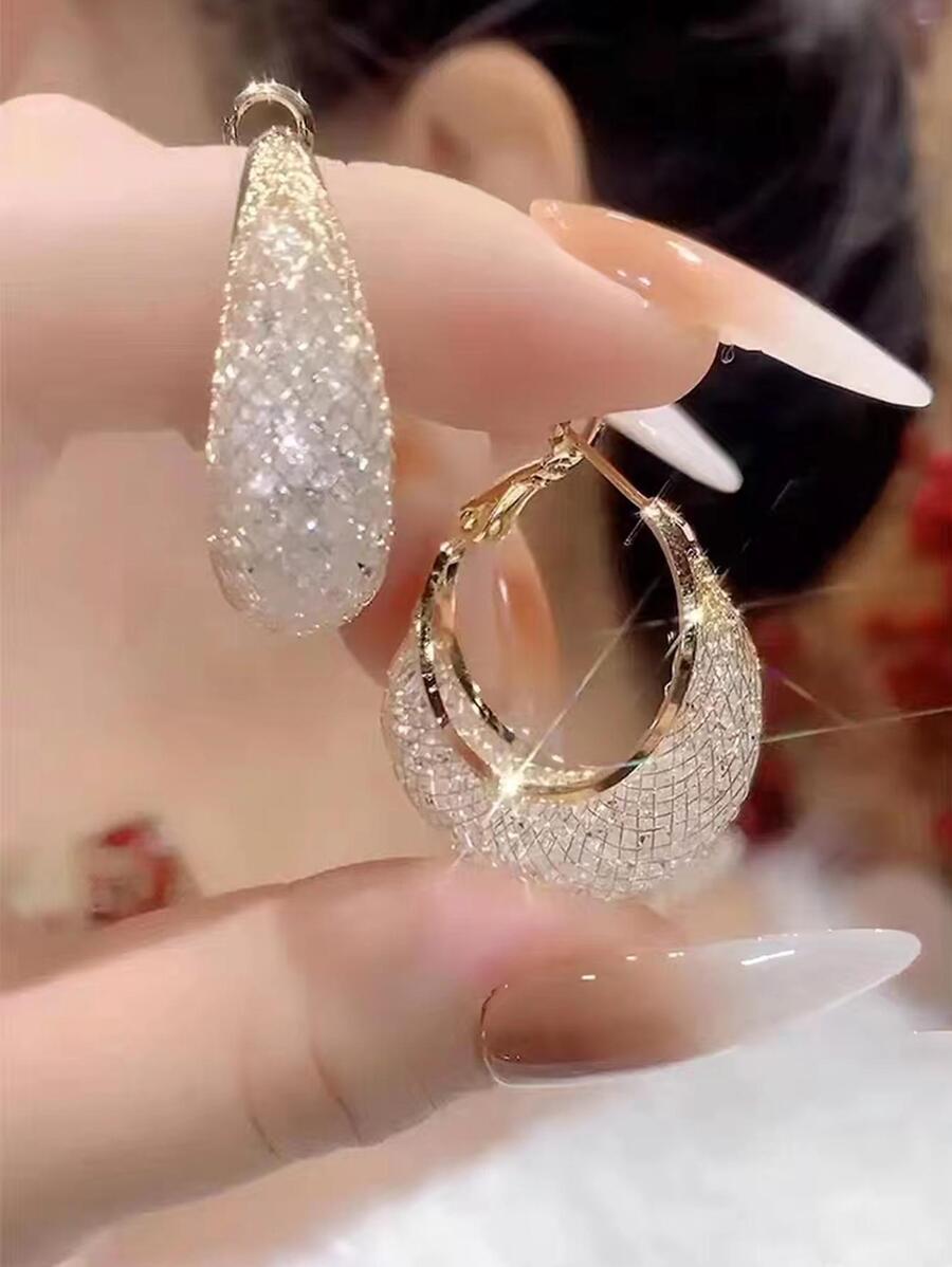 Luxurious Mesh Crystal Hoop Earrings For Women, Fashionable Ear Clip ...