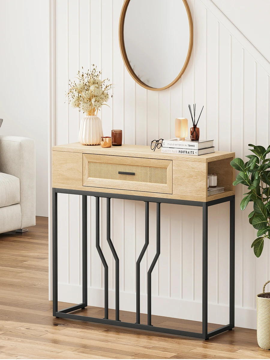 Rattan Console Table, Sofa Tables Narrow Entryway Table with Drawer and ...