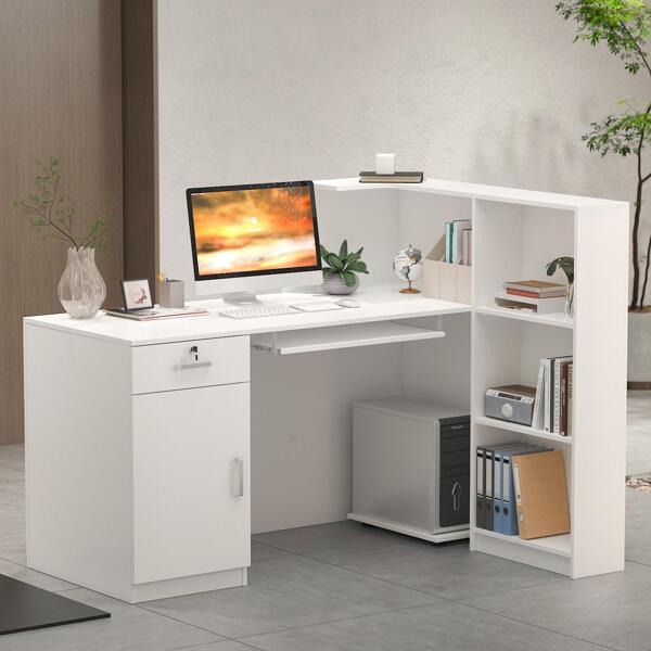 Reception Desk with Lockable Drawer, Open Shelves & Keyboard Tray ...