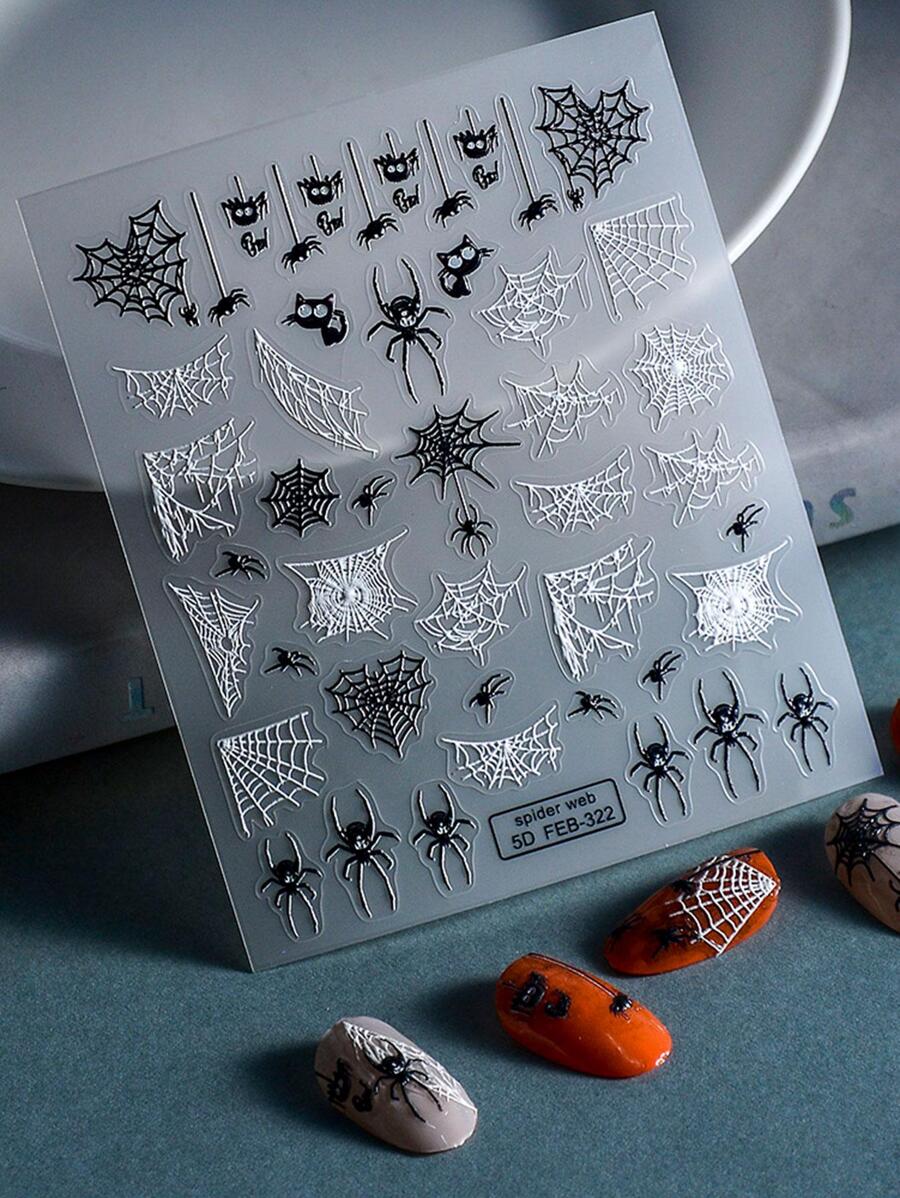 1sheet Cobweb Pattern Nail Art Sticker Halloween 5D Embossed Nail ...