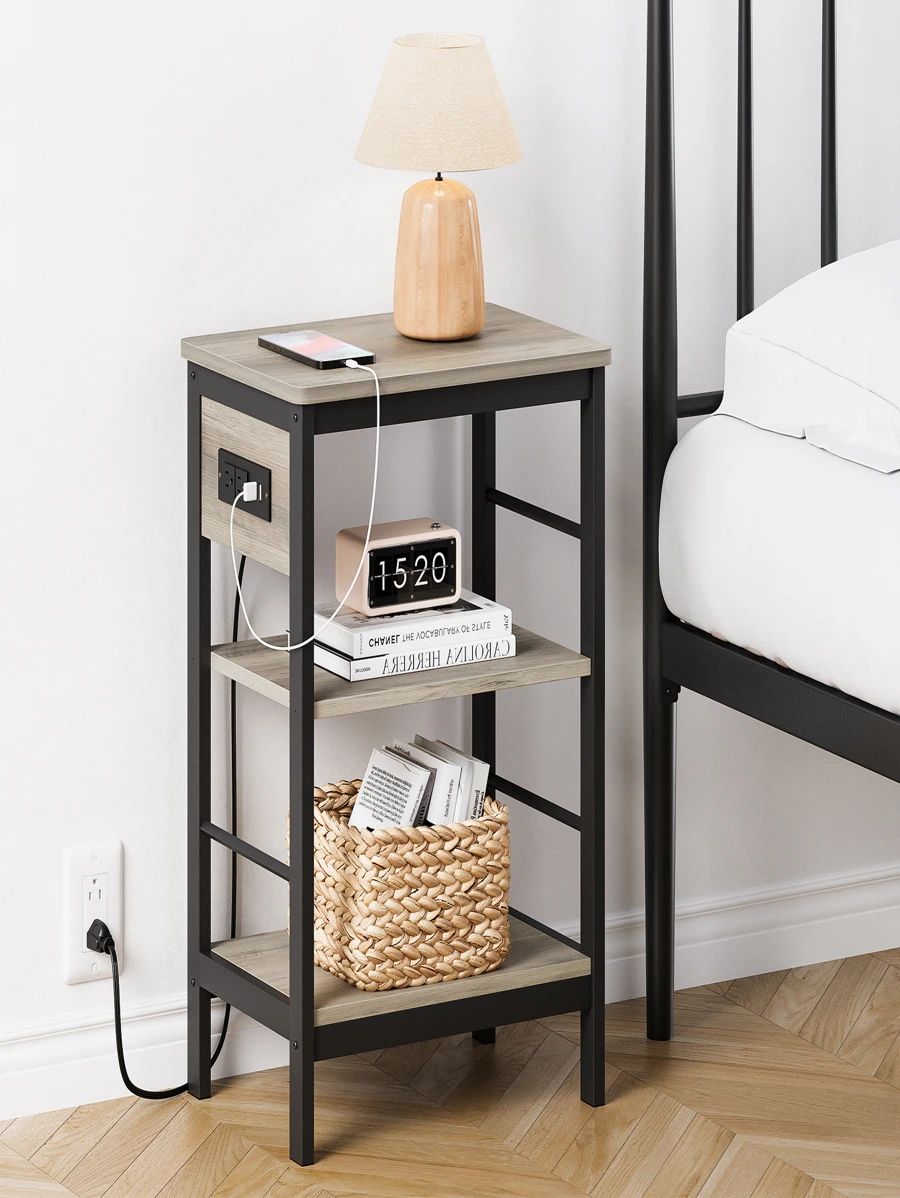 End Table with Charging Station,3 Tier Side Table with Storage Shelf ...