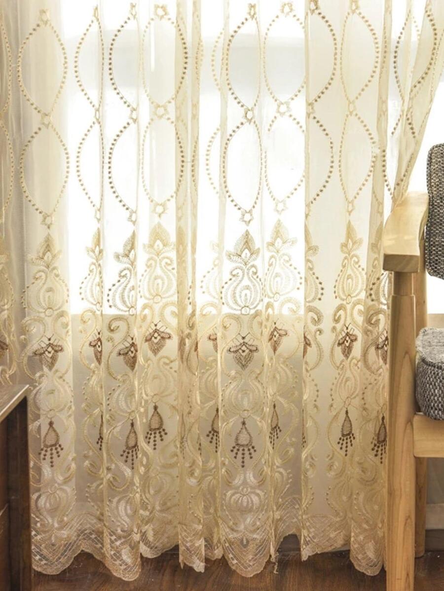 1pc Perforated Window Curtain, European Modern Embroidered Voile Drape ...