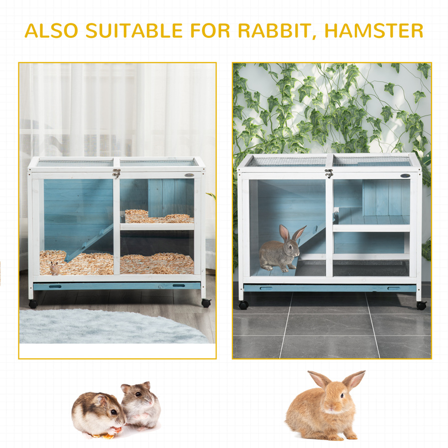PawHut Indoor Rabbit Hutch with Wheels, Desk and Side Table Sized, Wood ...