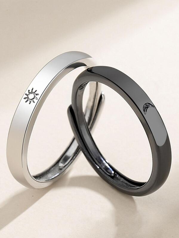1pair Sun And Moon Couple Rings, Black And White | SHEIN USA