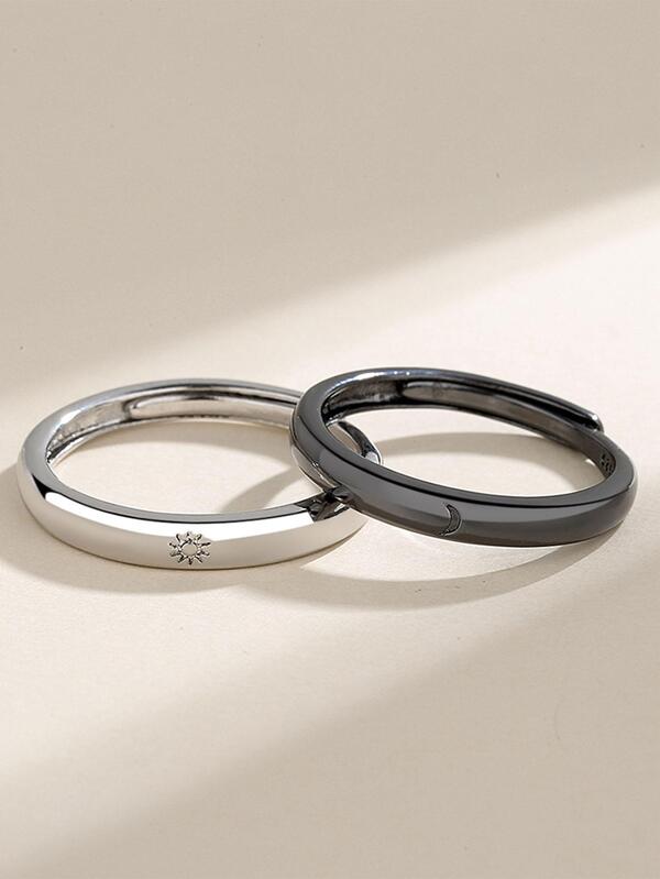 1pair Sun And Moon Couple Rings, Black And White | SHEIN USA