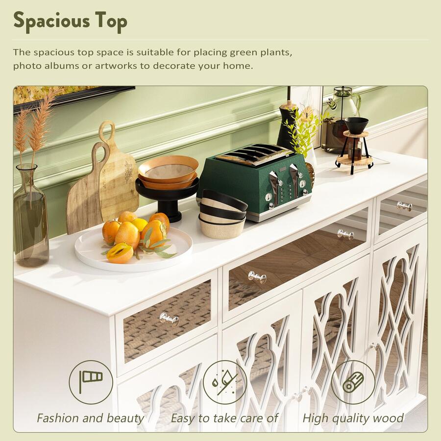 Accent Buffet Sideboard Serving Cabinet With Carved Mirror Door And 3 ...