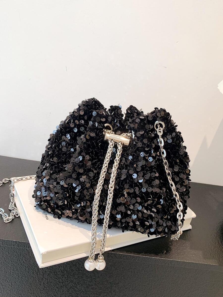 Glittering Mini Chain Drawstring Bucket Bag Fashionable Shiny Purse ...