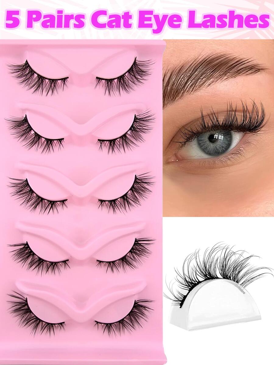 5 Pairs/Set Fox Eye Faux Mink Strip Lashes, Cat-Eye Effect With 15mm ...