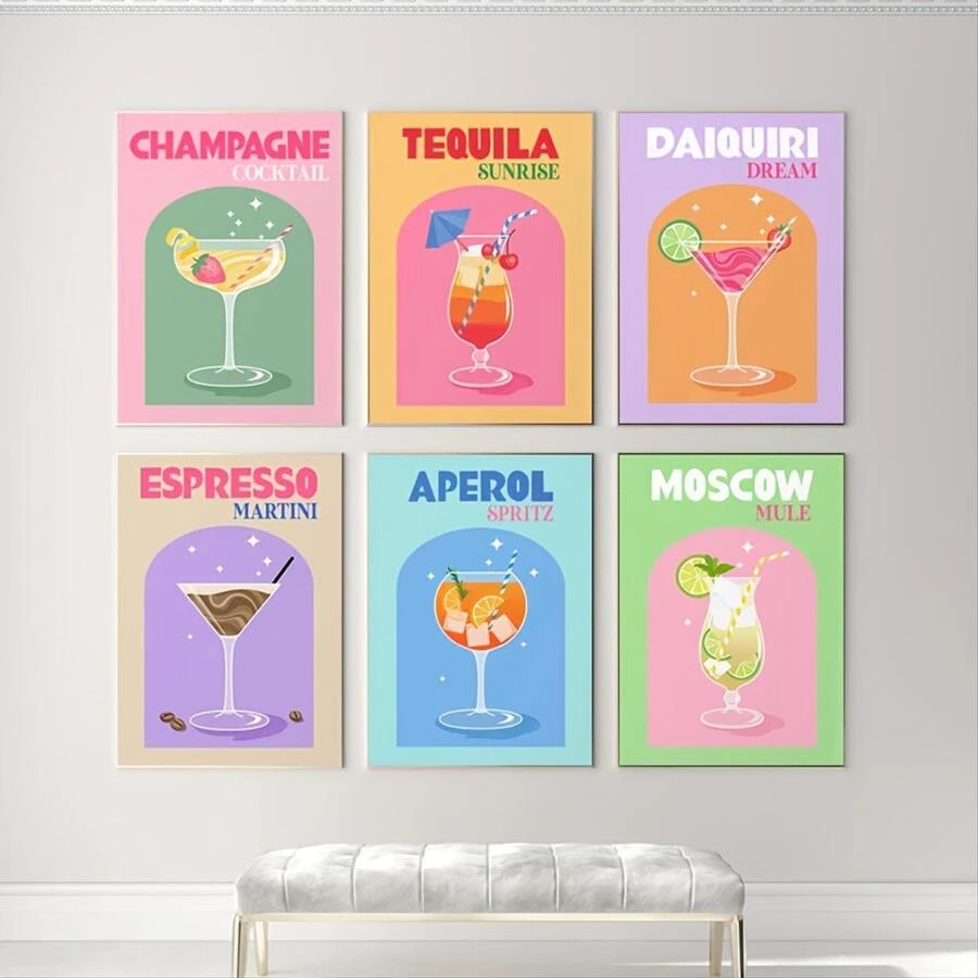 6pcs Frameless Juice Print Colorful Cart Gallery Wall Art Retro Posters Art Drinks Home Decor No ...