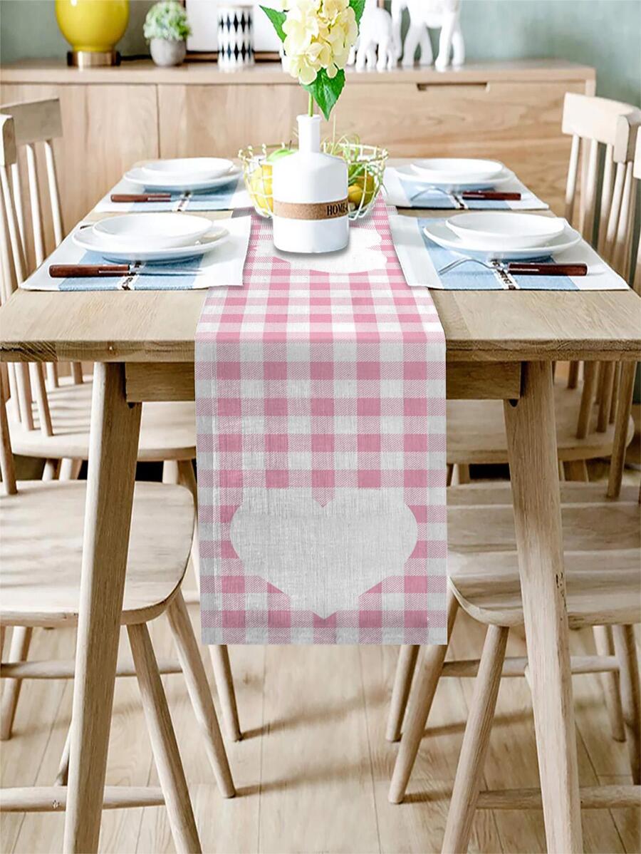 1pc Pink Heart & Gingham Design Linen Table Runner | SHEIN USA
