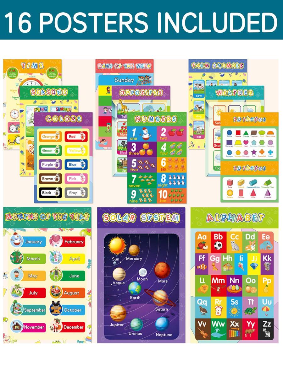 16pcs Kids Educational Posters For Toddlers - Teacher Posters For ...