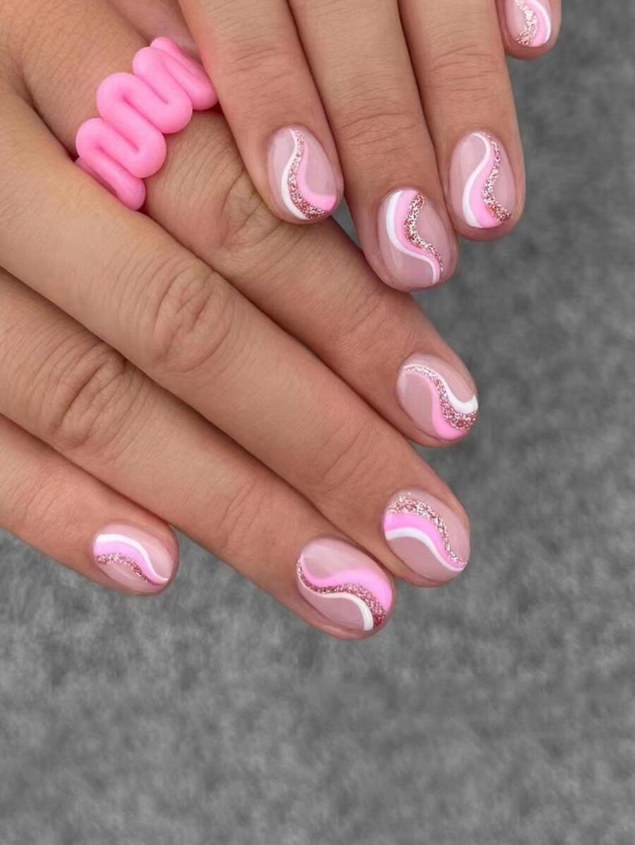 Dopamine Pink & White Glitter Thin Oval False Nails + 1pc Jelly Glue ...