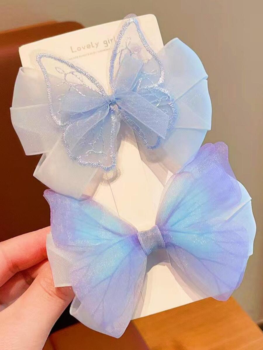 2pcs Kids Mesh Butterfly Hair Clips With Ribbons (Random Packaging ...