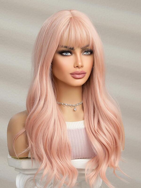 Coral pink flat bangs long curly hair full mechanism 24 inch daily soft ...