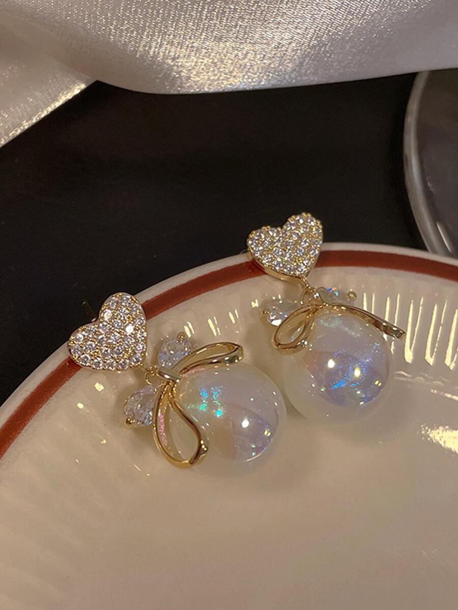1pair Elegant Faux Pearl Bowknot Heart Diamond-Encrusted Mermaid Princess Earrings For Sweet ...