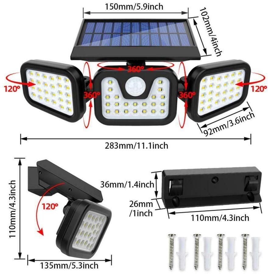 Solar 3 heads 74 LED IP65 waterproof adjustable beam angle solar wall ...