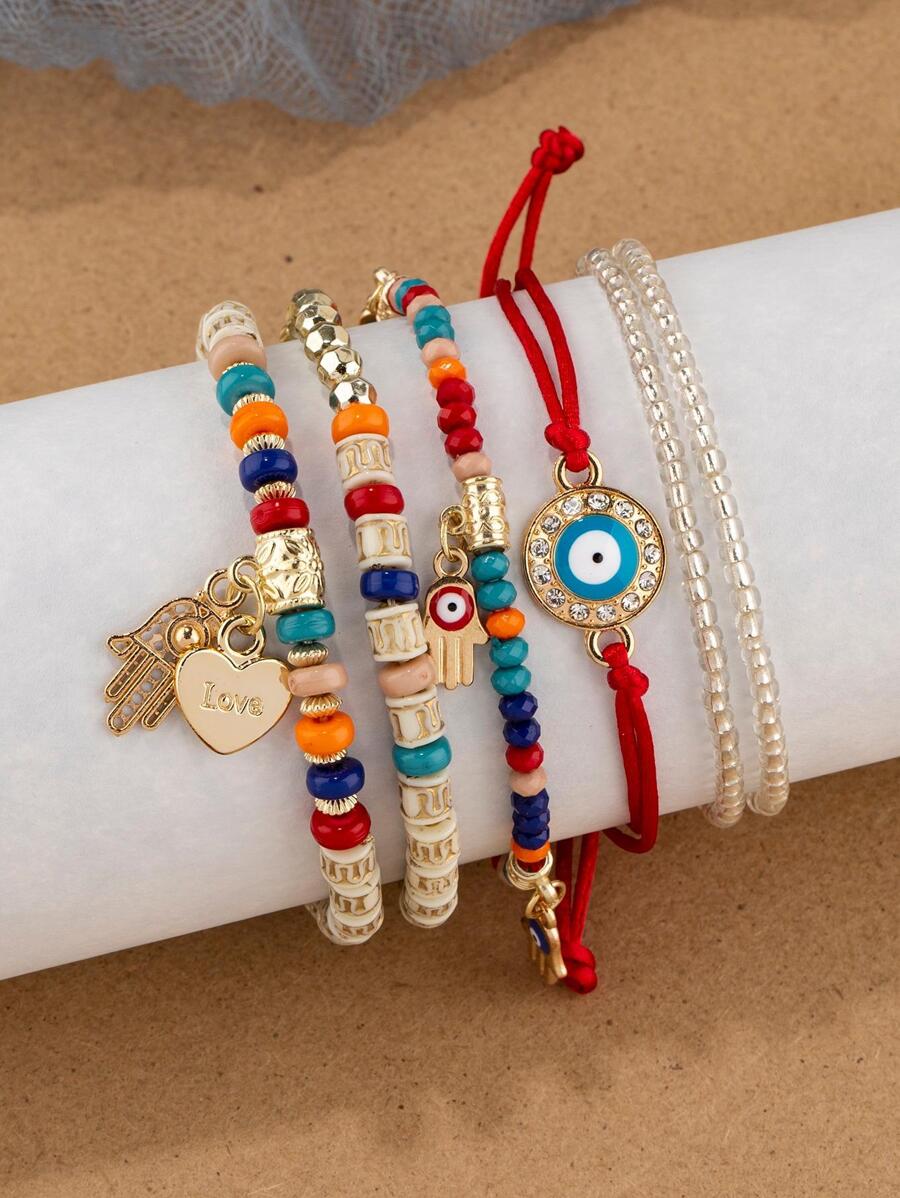 6pcs Evil Eye Detail Beaded Bracelet | SHEIN USA