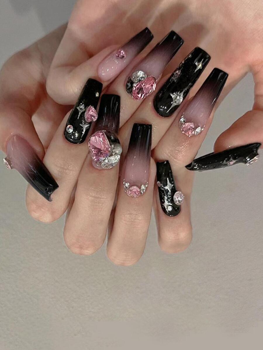 Update Your Style With 24pcs Bling Rhinestone Decor Black Long Coffin ...