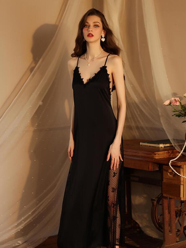 فستان نوم كامي مقلم دانتيل شبكة متباينة | شي إن