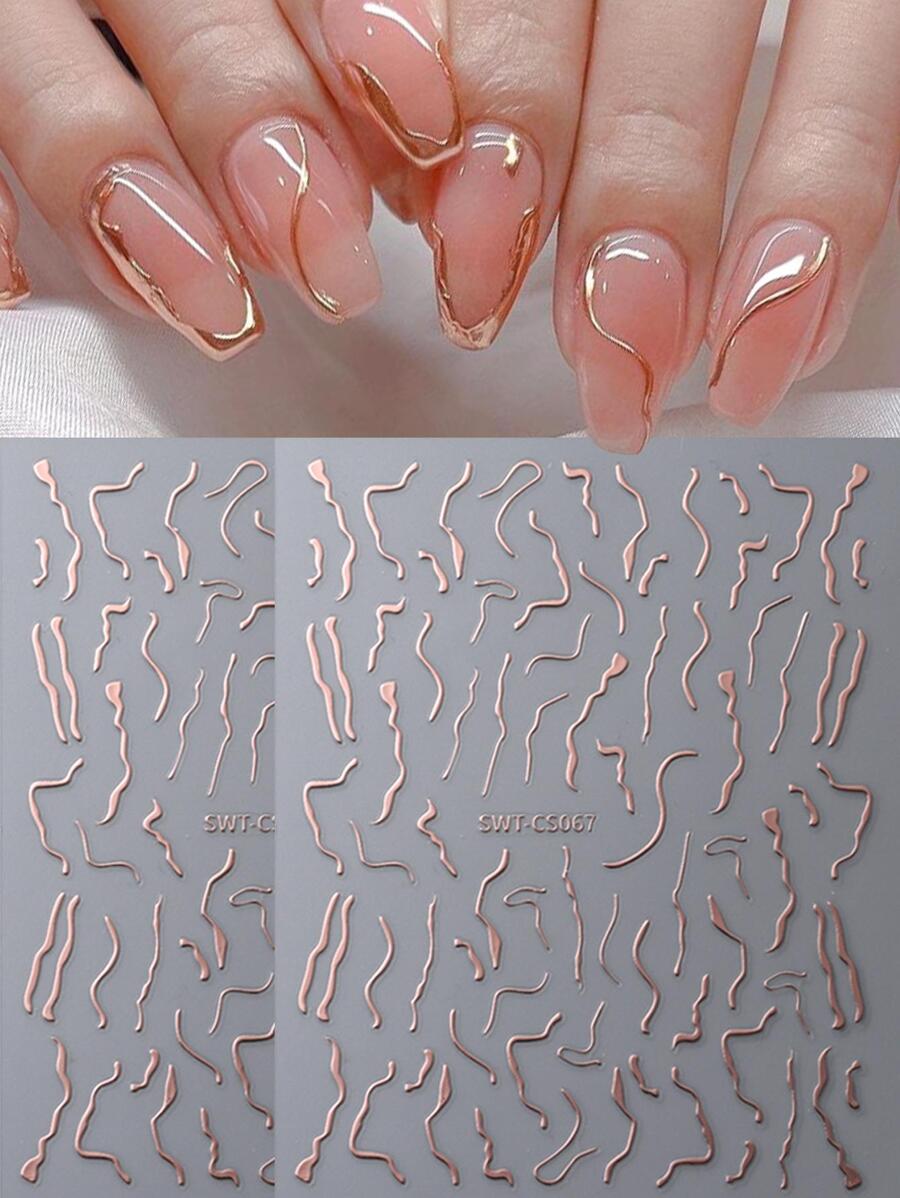 FULL BEAUTY 2pcs Rose Gold Nail Art Stickers Stripe Line Wave Metallic ...