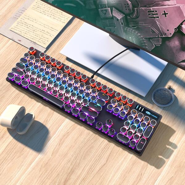 Typewriter Mechanical Gaming Keyboard, Wired Retro Punk Round Keycaps with RGB Rainbow/LED White ...