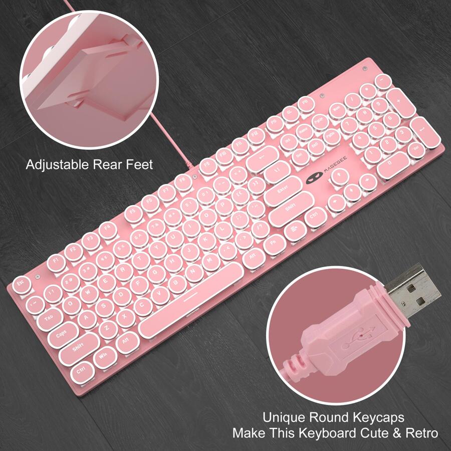 Typewriter Mechanical Gaming Keyboard, Wired Retro Punk Round Keycaps ...