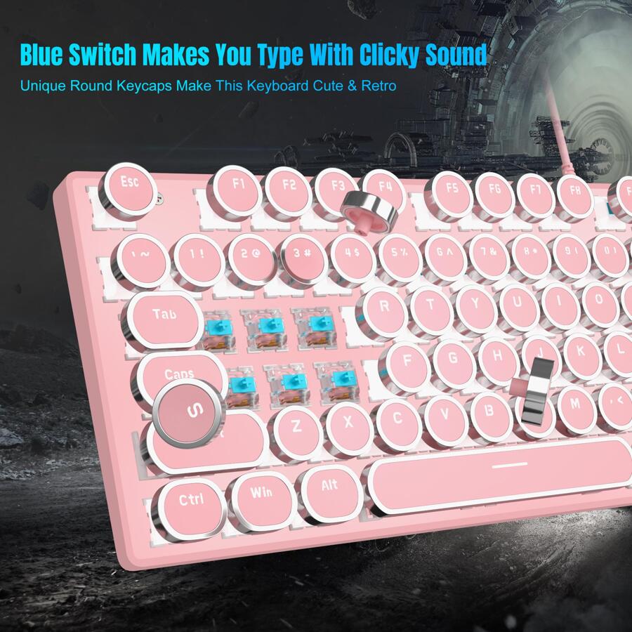 Typewriter Mechanical Gaming Keyboard, Wired Retro Punk Round Keycaps ...