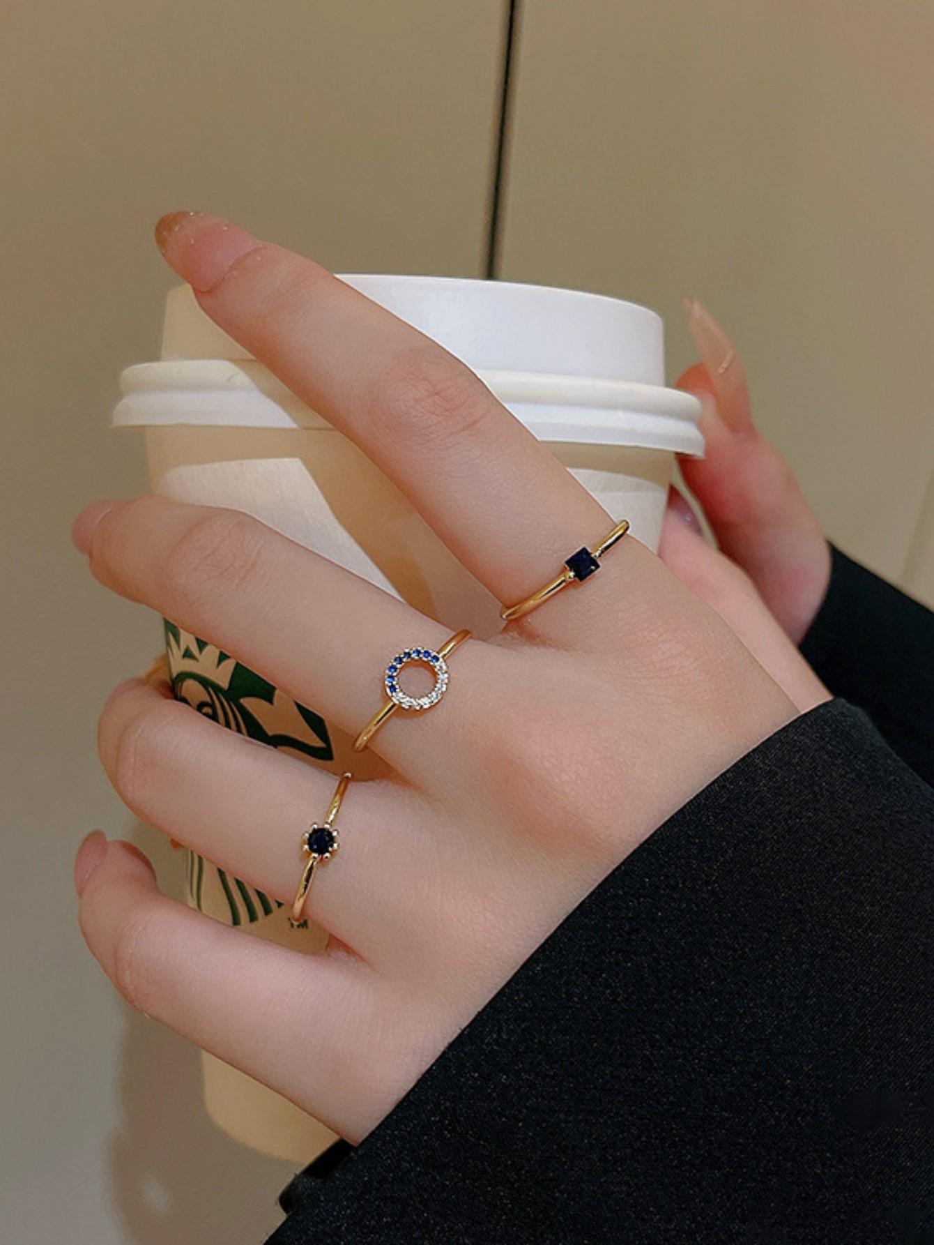 Vintage Blue Unconventional Design Ring Set, Ins Style Stackable 3pcs ...