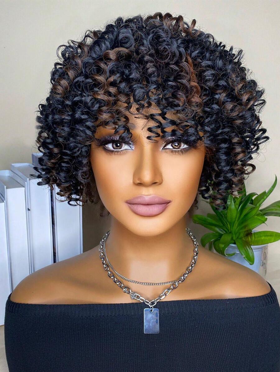 Synthetic Heat Resistant Wigs curly Short Wigs With Bangs Ombre Brown ...