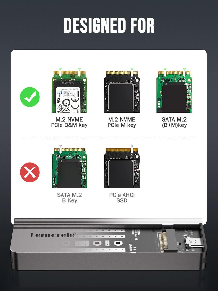 Lemorele SSD Hard Drive Cases External M.2 NVMe Sata PCIE Dual Protocol ...