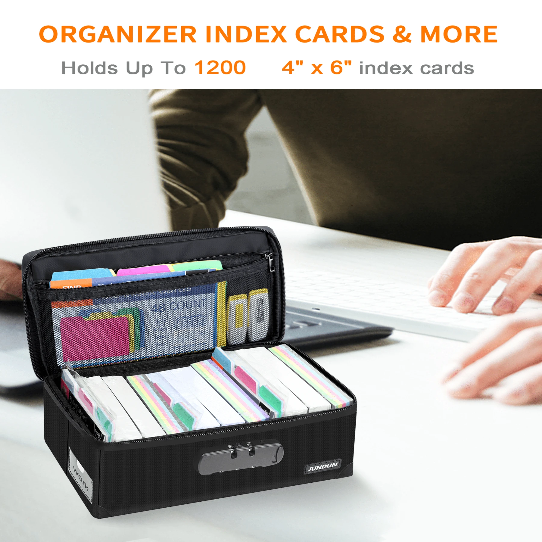 JUNDUN Index Card Holder with Lock,Collapsible Fireproof Index Card Box ...