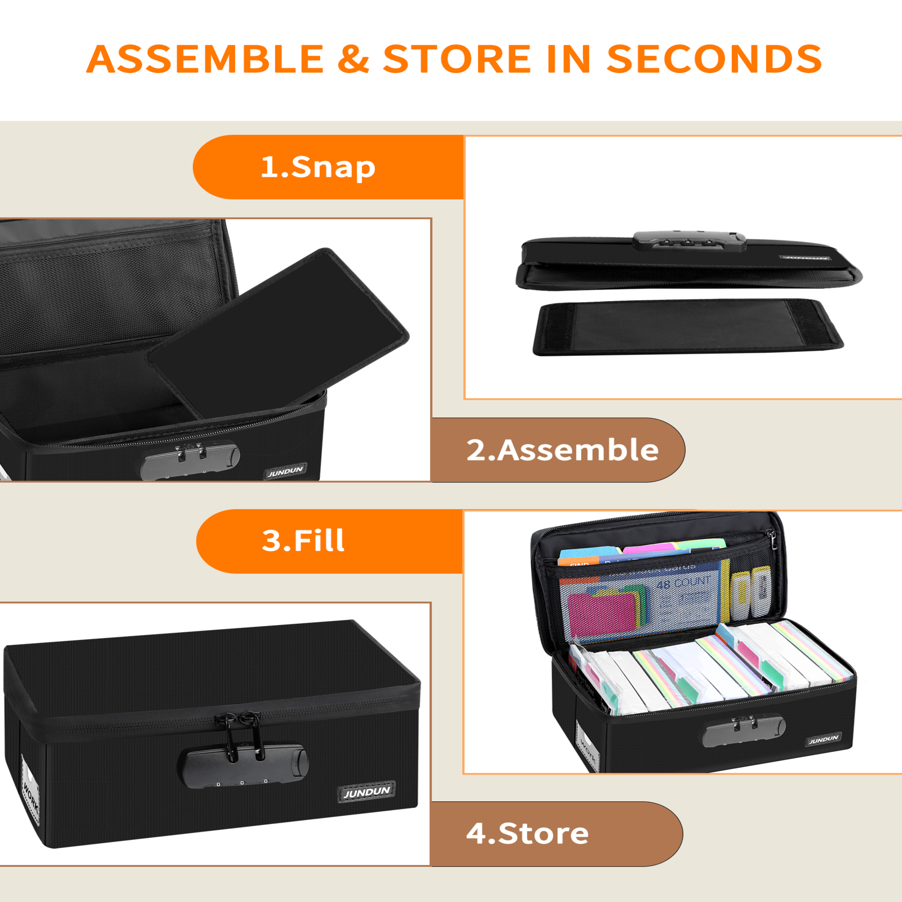 JUNDUN Index Card Holder with Lock,Collapsible Fireproof Index Card Box ...