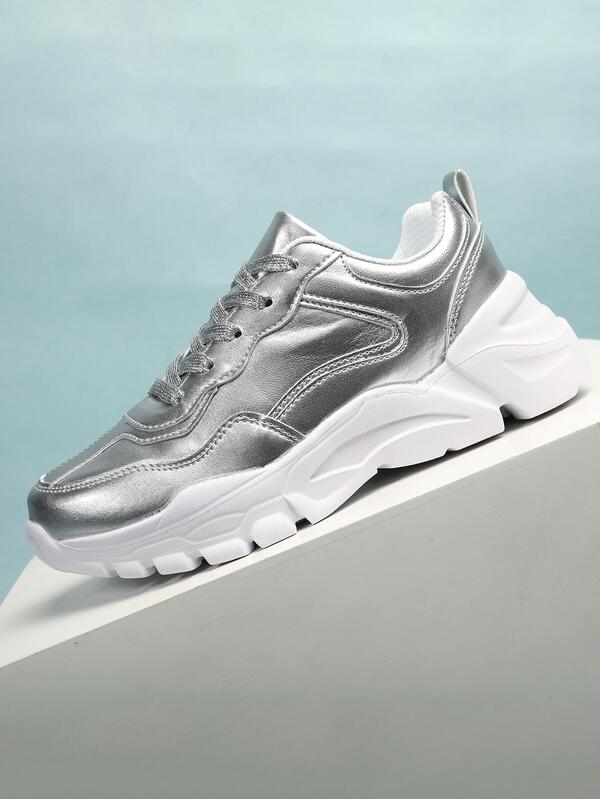 Women Metallic Lace Up Sports Shoes, Glamorous Silver Chunky Shoes For ...