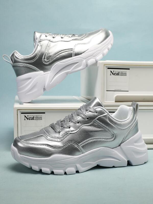 Women Metallic Lace Up Sports Shoes, Glamorous Silver Chunky Shoes For ...